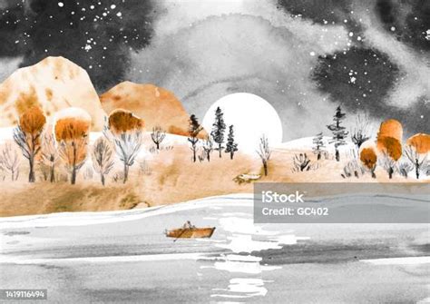 달과 함께 밤하늘 아래 산 보트 및 강이있는 가을 낭만적 인 수채화 손으로 그린 벡터 풍경 포스터 배너 카드에 대한 검은 색과 갈색 색상의 그림 풍경에 대한 스톡 벡터 아트