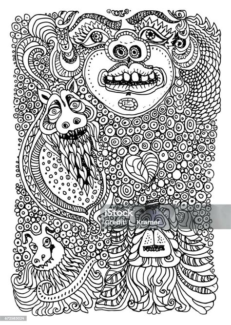 미친 개와 괴물의 벡터 유머 일러스트 흑백 낙서 그리기 손으로 그린 스케치의 자동 흔적 성인과 어린이 색칠 공부 세로 페이지