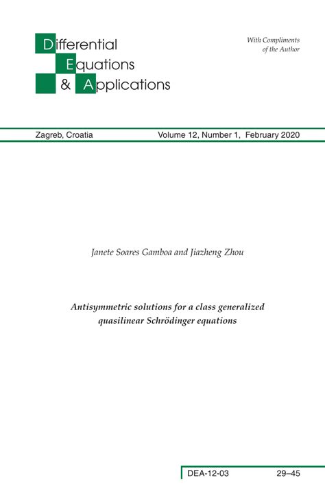 Pdf Antisymmetric Solutions For A Class Generalized Quasilinear Schrödinger Equations