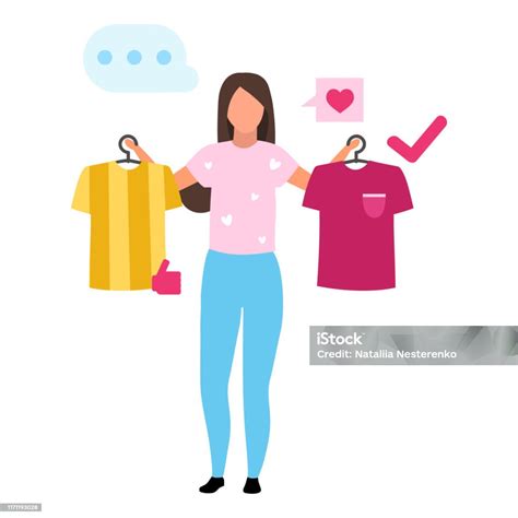 여자 구매 T 셔츠 플랫 벡터 일러스트 레이 션입니다 여성 결정 쇼핑몰에서 소비자 구매 의류 만화 캐릭터 의류 매장에서 고객 으로 구입 하 고 있습니다 소비주의 및 상품
