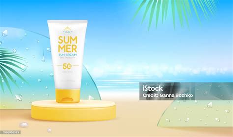 3d 무대와 자외선 차단제 크림이 있는 여름 해변 배경 화려한 여름 풍경입니다 벡터 그림 무대에 대한 스톡 벡터 아트 및 기타 이미지 Istock