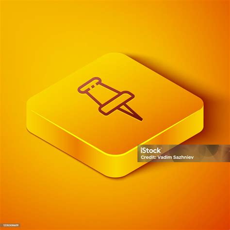 등각투영 선 주황색 배경에서 격리된 핀 아이콘을 푸시합니다 엄지 손가락 기호입니다 노란색 사각형 버튼입니다 벡터 일러스트레이션 3차원 형태에 대한 스톡 벡터 아트 및 기타