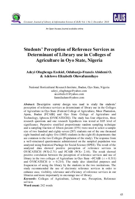 (PDF) Students' Perception of Reference Services as Determinant of Library use in Colleges of ...