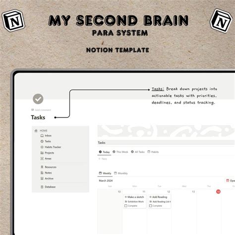 Second Brain Notion Template Notion Dashboard Simple Notion Planner Notion Template Adhd