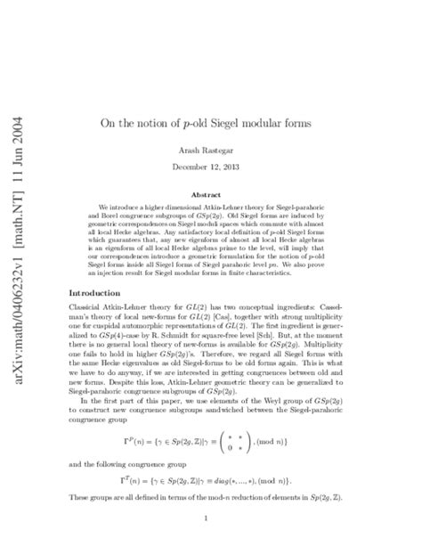 Pdf On The Notion Of P Old Siegel Modular Forms Arash Rastegar