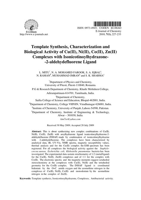 Pdf Template Synthesis Characterization And Biological Activity Of