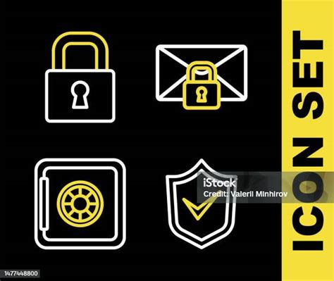 회선 메일 메시지 잠금 암호 확인 표시가있는 방패 안전 및 잠금 아이콘을 설정합니다 벡터 강철에 대한 스톡 벡터 아트 및 기타 이미지 Istock