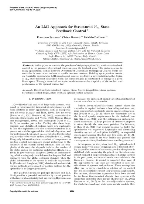 Pdf An Lmi Approach For Structured H Infinity State Feedback Control Fabrizio Dabbene