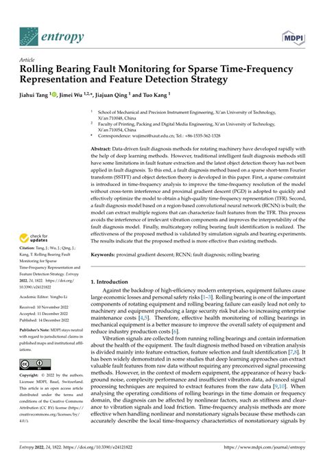 PDF Rolling Bearing Fault Monitoring For Sparse Time Frequency Representation And Feature