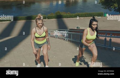 Women Doing Run Up On Staircase Female Runner Athlete Climbing Stairs Outside Stock Video