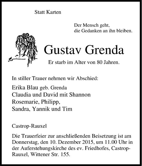 Traueranzeigen Von Gustav Grenda Trauer In Nrwde