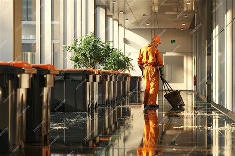 premium photo janitor emptying trash bins in office building oct