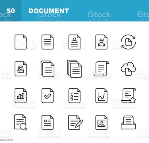문서 선 아이콘입니다 편집 가능한 스트로크입니다 픽셀 완벽한 모바일 및 웹용 문서 파일 통신 이력서 파일 검색 등의 아이콘이 포함되어 있습니다 아이콘에 대한 스톡 벡터 아트