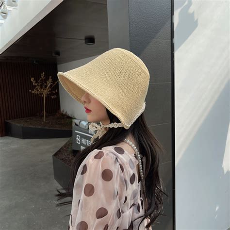 잼빌리지 당일출고7컬러 멜로디 레이스 리본 버킷햇 여성 자외선 햇빛 차단 벙거지 라피아 여름 햇 밀짚 왕골 모자