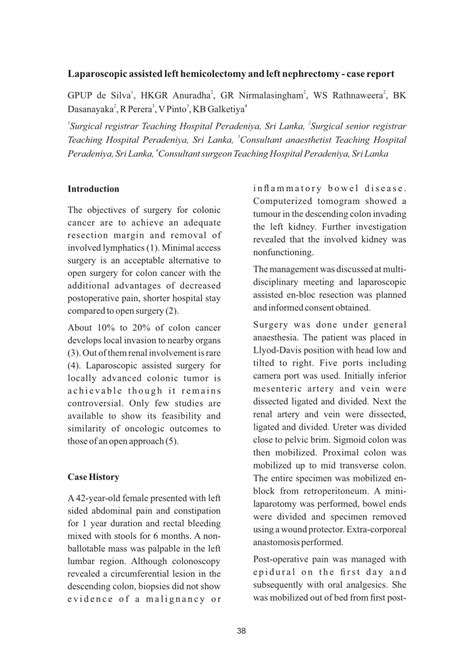 Pdf Laparoscopic Assisted Left Hemicolectomy And Left Nephrectomy Case Report