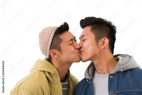 A Beautiful Homosexual Gay Asian Couple Kissing And Looking In Each