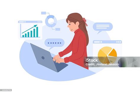 한 젊은 여성이 온라인 회의를 하면서 노트북으로 데이터 차트와 그래프를 발표하고 있습니다 그녀는 채팅 풍선을 통해 동료들과 소통합니다 벡터 일러스트 레이 션 그래프에 대한