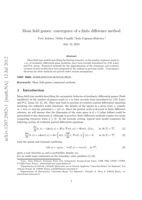 Pdf Mean Field Games Convergence Of A Finite Difference Method