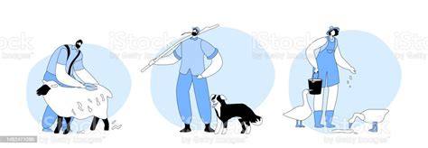 농업 직업 축산 개념을 설정합니다 남성과 여성 농부 캐릭터는 가금류 양털 깎기 개와 목자에게 먹이를 줍니다 양털 깎기에 대한 스톡 벡터 아트 및 기타 이미지 Istock