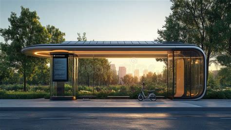 Modern Bus Stop With Sleek Design Near A Park At Sunrise In An Urban