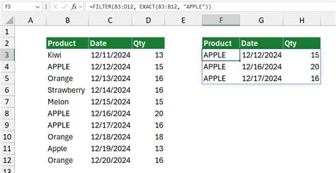 filter case sensitive excel formula