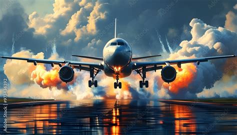 Dynamic Aircraft Takeoff Showcasing Landing Gear And Jet Engine Amidst Intense Smoke And Vapor