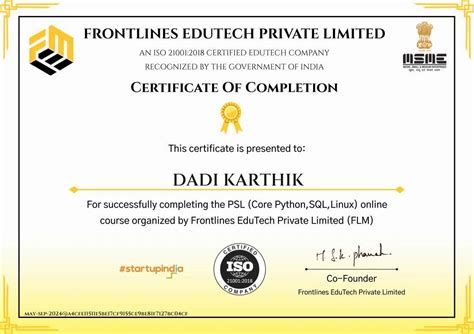Core Python Sqllinux Corse Completion Certificate By Flm Frontlines Edutech Flm Python Sql