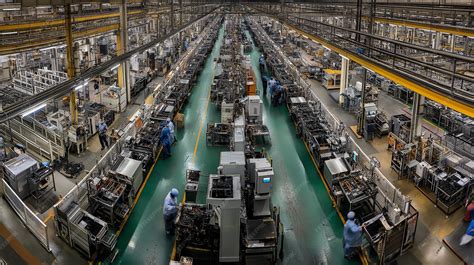 An Overhead View Of A Busy Factory Floor With Workers Assembling Parts