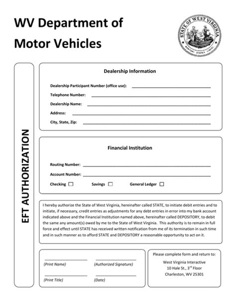 West Virginia Eft Authorization Fill Out Sign Online And Download