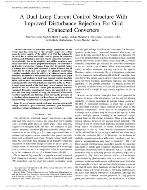 Pdf A Dual Loop Current Control Structure With Improved Disturbance Rejection For Grid