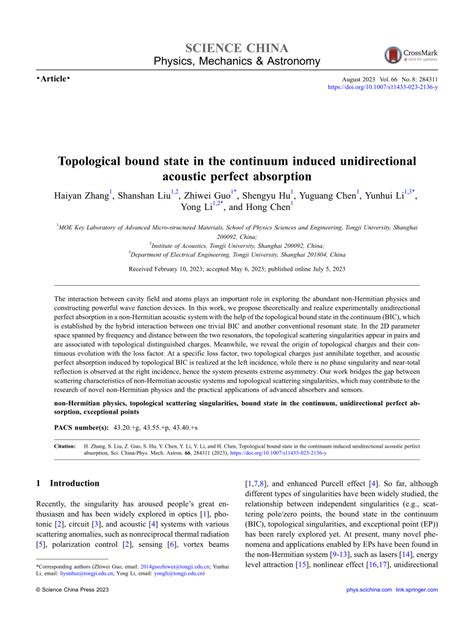 Pdf Topological Bound State In The Continuum Induced Unidirectional Acoustic Perfect Absorption