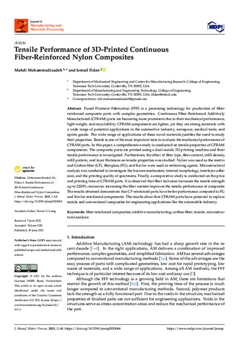 Pdf Tensile Performance Of 3d Printed Continuous Fiber Reinforced Nylon Composites