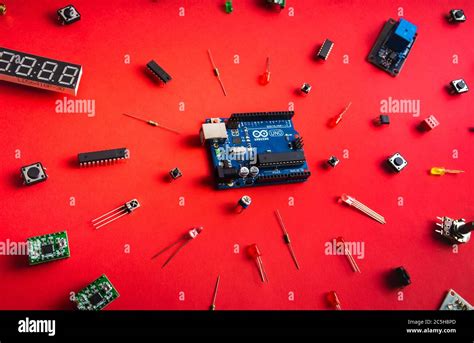 Sankt Petersburg Russia February Arduino UNO Board Over Red Background