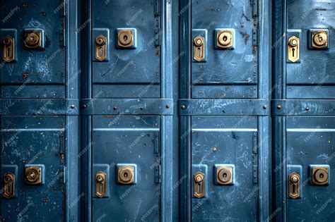 A row of blue school lockers with brass locks perfect for an interior background the focus is on ...