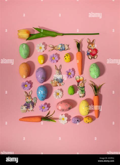 Easter Pattern Squer Shape Made Of Colorful Flowers Eggs Bunnies And