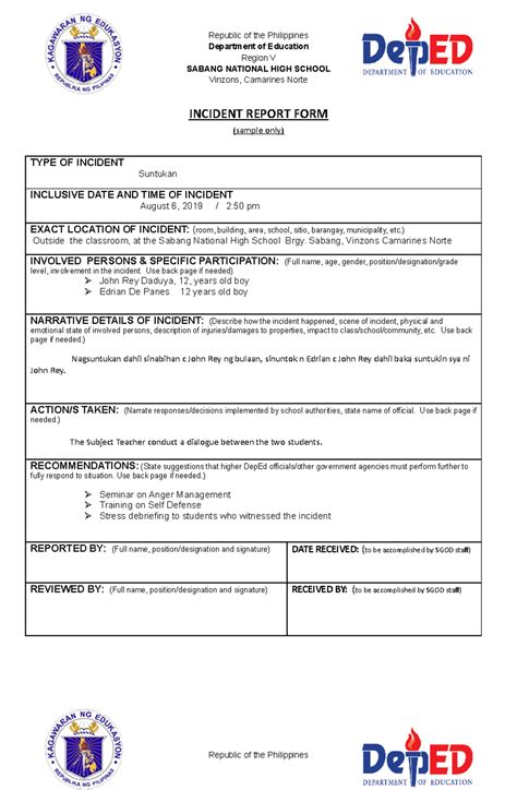 Incident Report Form Type Of Incident In Republic Of The Philippines Department Of Education