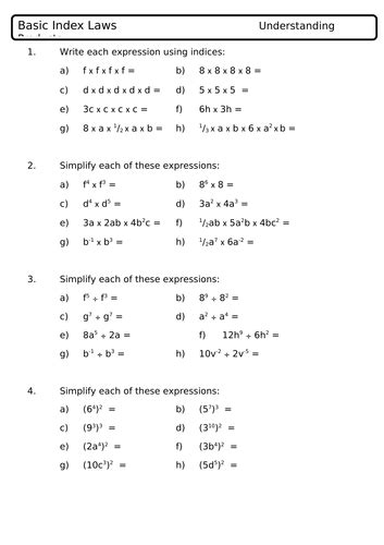 Index Laws Multiplying Dividing Brackets Teaching Resources