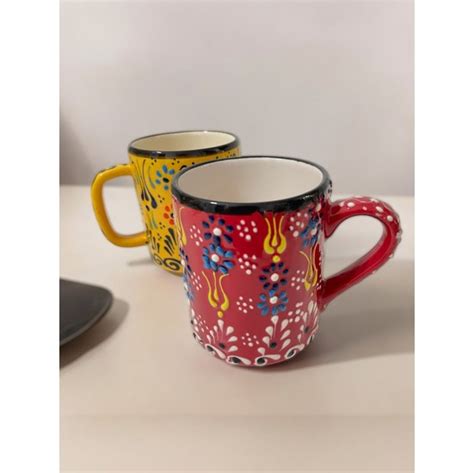 Artistic Quality Dekoratif Çini Işlemeli Büyük Kupa Duble Kahve Fincanı Ayran Bardağı Meşrubat