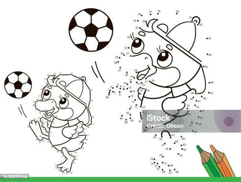 아이들을위한 퍼즐 게임 숫자 게임 색칠 공부 페이지 개요 만화 오리 또는 축구 공으로 새끼 오리 축구 스포츠 어린이를위한 색칠 공부 책 검색에 대한 스톡 벡터 아트 및 기타