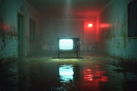 Retro Tv Showing Static Noise In A Dark Flooded Creepy Room