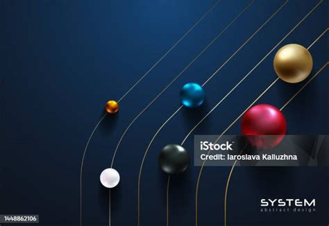 반짝이는 다양한 금속 색상 구체가 진한 파란색 배경에 황금색 얇은 선 트레일 경로를 굴립니다 과학 또는 교육 미래 추상 디자인 밝은 색 비즈니스 기술 스타일 벡터 일러스트