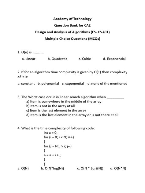 Es Cs 401 Quiz Ca2 Pdf Time Complexity Computational Science