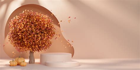 시각화를위한 연단이있는 가을 배경 프리젠 테이션을위한 미니멀리스트 스타일의 스튜디오와 빨간색 노란색 잎 및 주황색 호박이있는 나무 밝은 3d 가을 미적 일러스트레이션 가을에