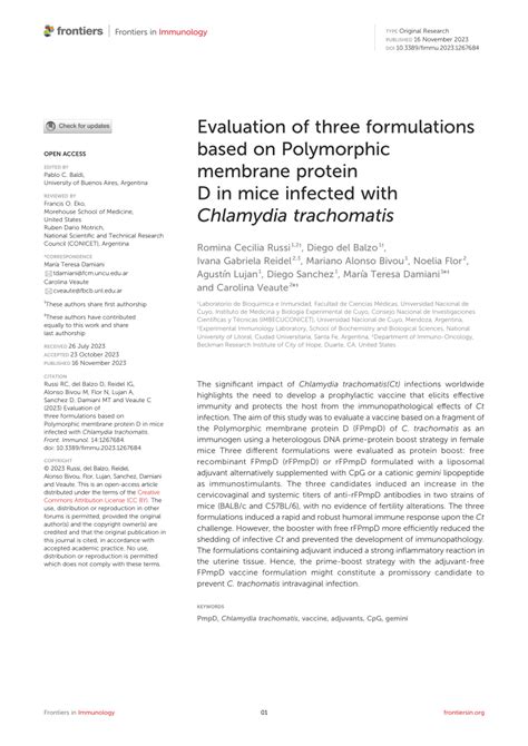 Pdf Evaluation Of Three Formulations Based On Polymorphic Membrane Protein D In Mice Infected