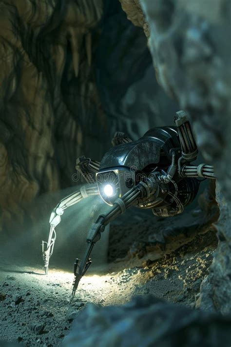 Advanced Spider Bot Exploring A Cave Casting Eerie Light On The Walls