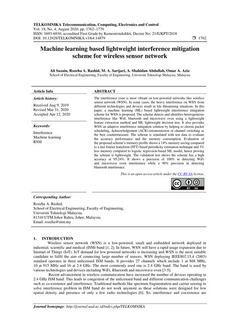 Pdf Machine Learning Based Lightweight Interference Mitigation Scheme For Wireless Sensor Network
