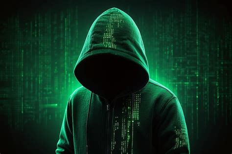 Silhouette Of A Hacker In A Hood With Binary Code On A Luminous Green