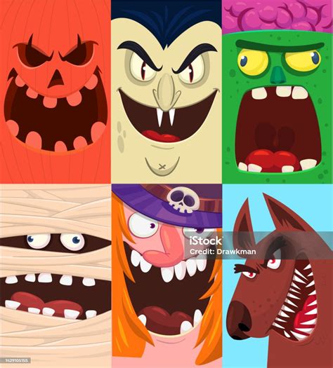 할로윈 재미있는 얼굴 네 캐릭터의 세트 냉혹한 사신 호박 잭 오 Lntern 좀비 뱀파이어 미라와 마녀의 만화 머리 격리된 벡터