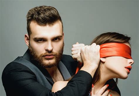 Macho Well Groomed Confident Hipster And Woman Tied Hands Red Ribbon Sexual Relations Sex Game