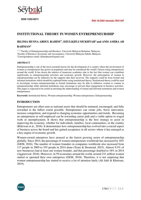 Pdf Institutional Theory In Women Entrepreneurship